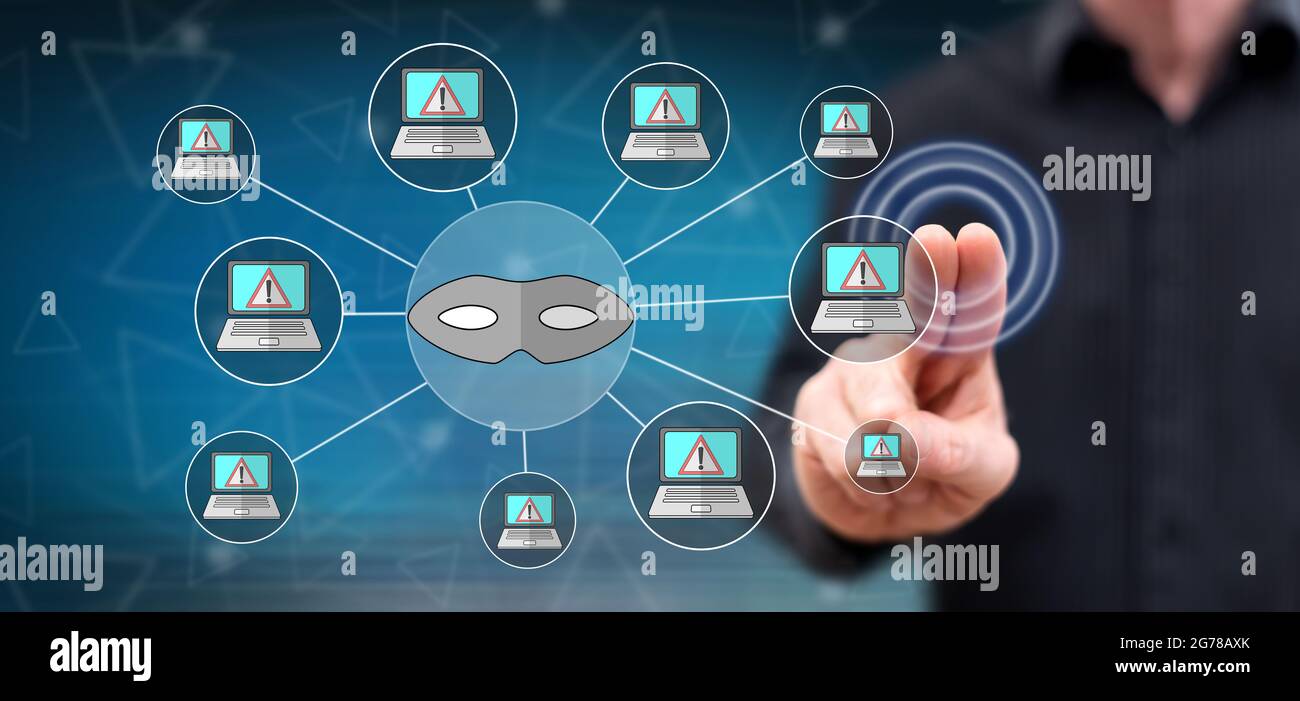 Man touching a cyber attack concept on a touch screen with his fingers ...