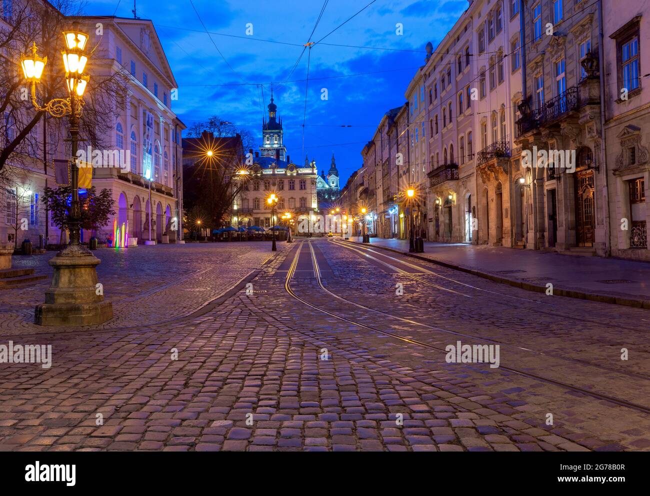 Medieval Town Hall Square in the Old Town at night. Lviv. Ukraine Stock ...