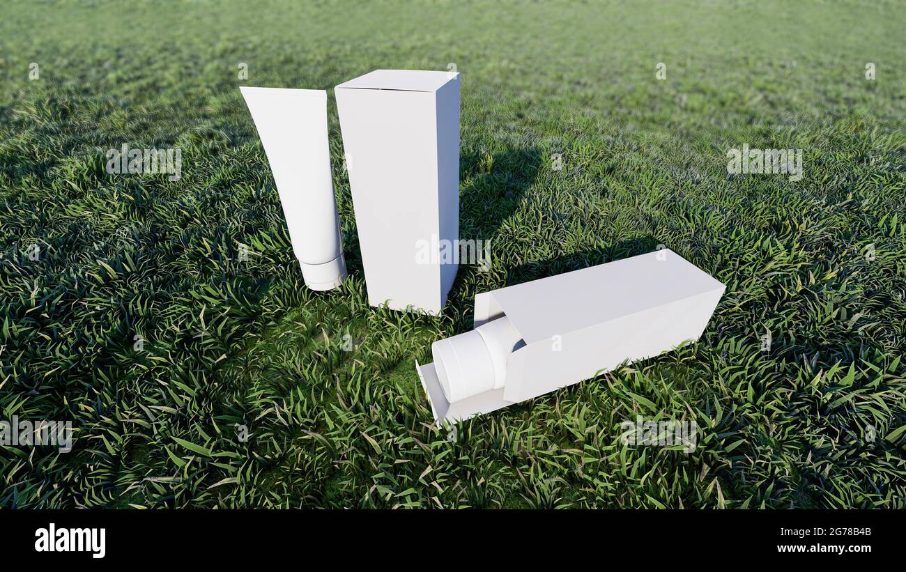 Mockup picture of 3d rendering of white foam tubes and boxes place on ...