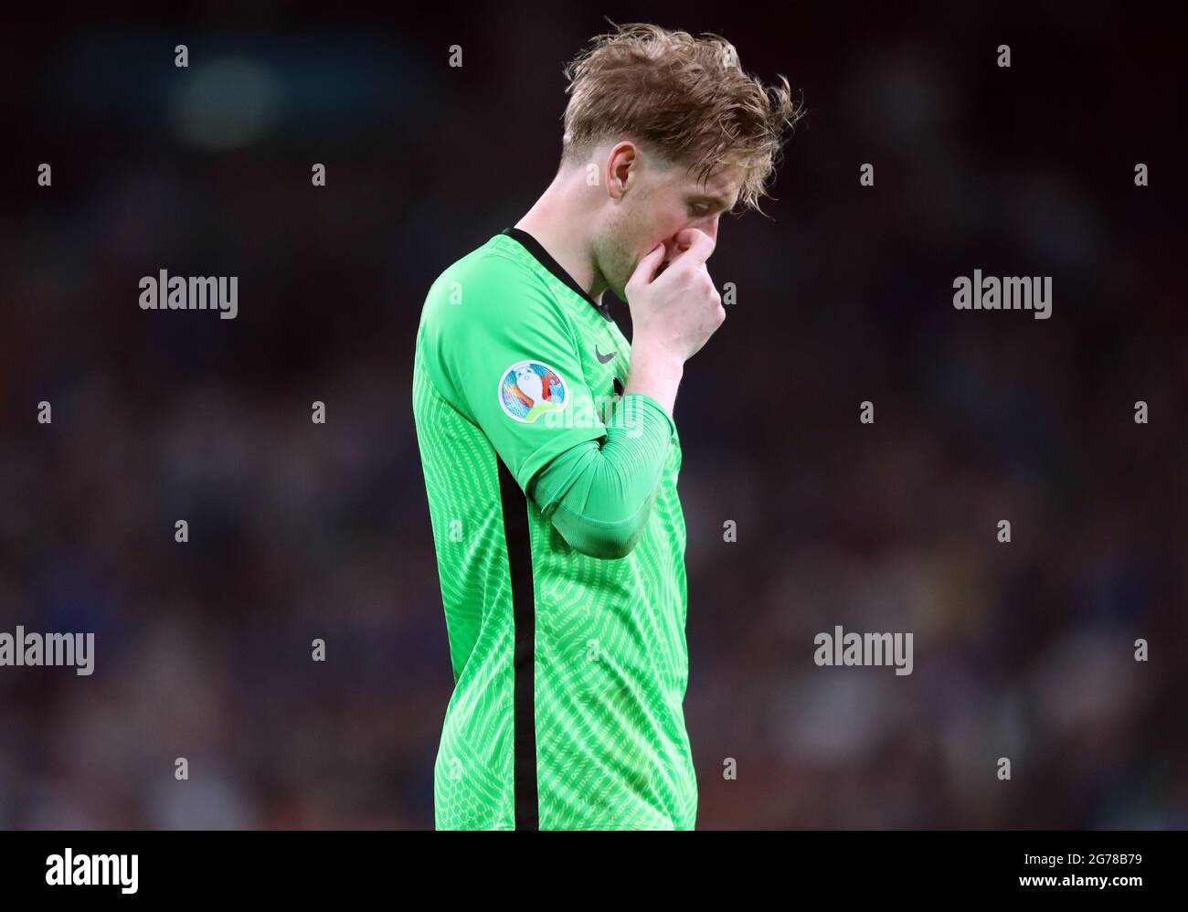 England goalkeeper Jordan Pickford appears dejected following the UEFA ...