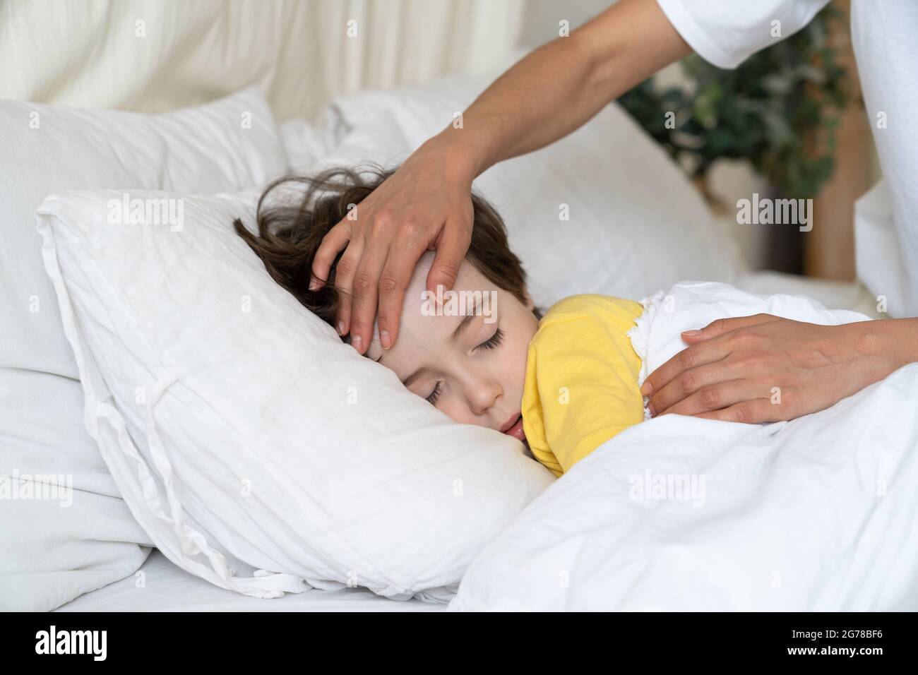 Mother hand touch boy forehead check temperature of sick son sleep in ...