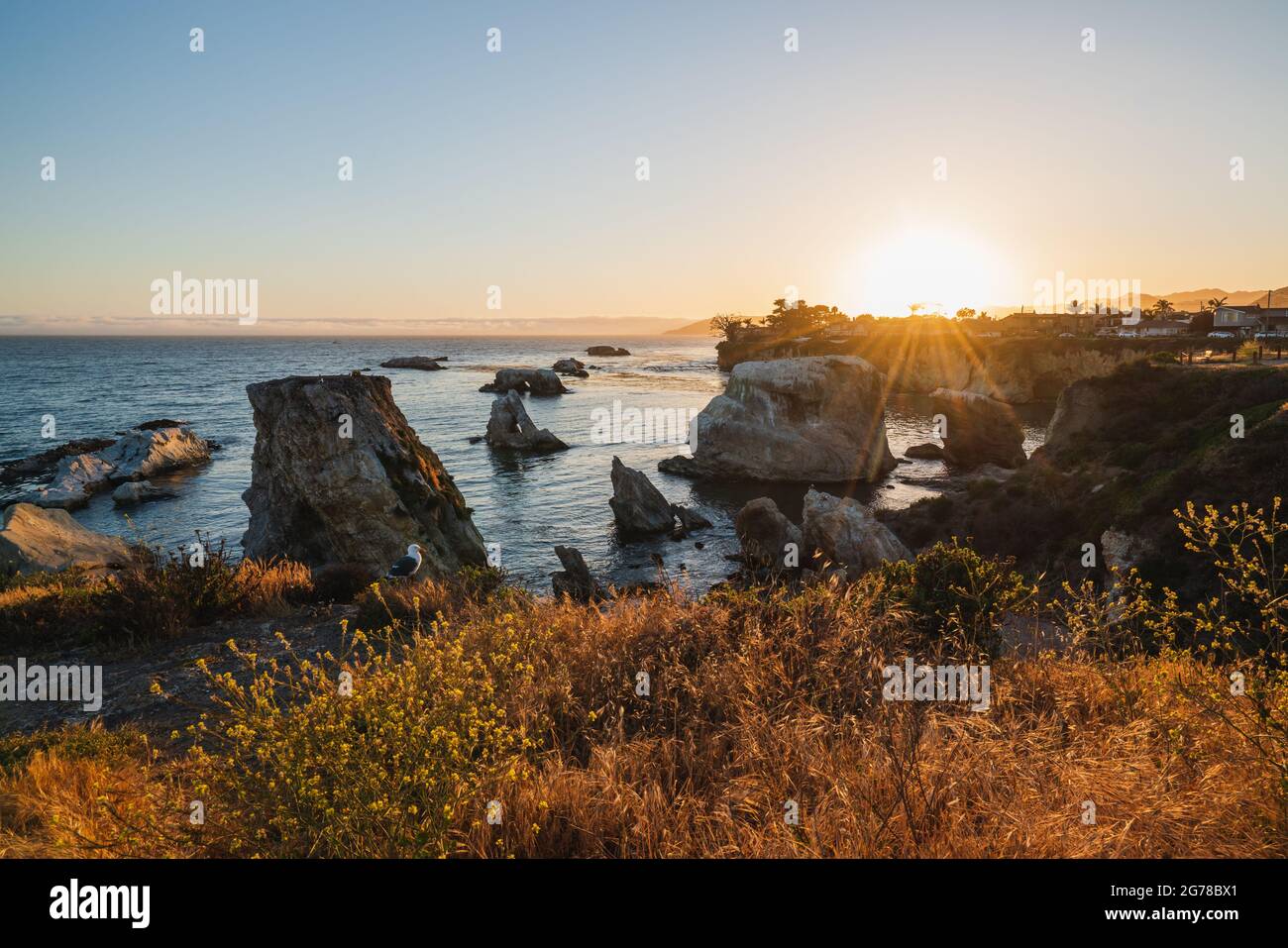 Pacific Ocean and rocky cliffs at sunset. Scenic seascape, and sun ...