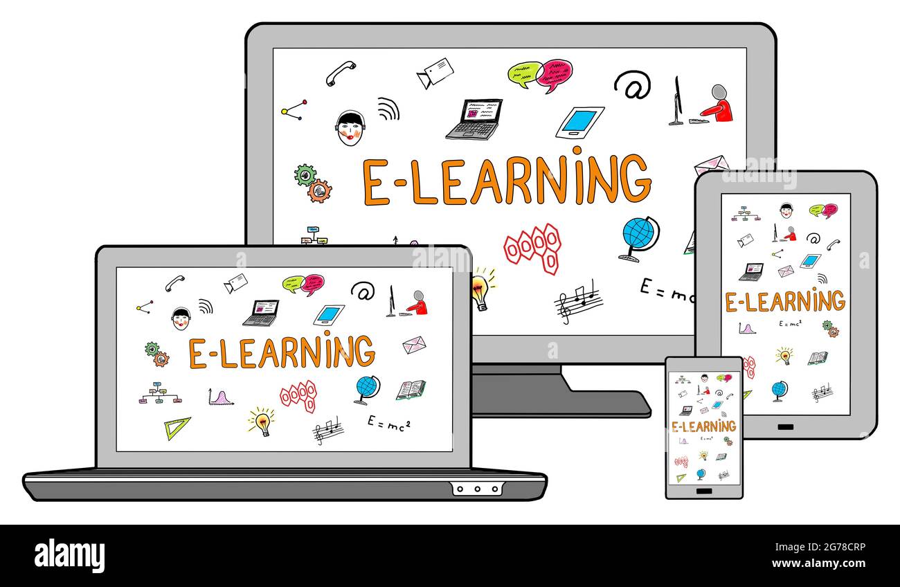E-learning concept on different devices, isolated on white Stock Photo ...