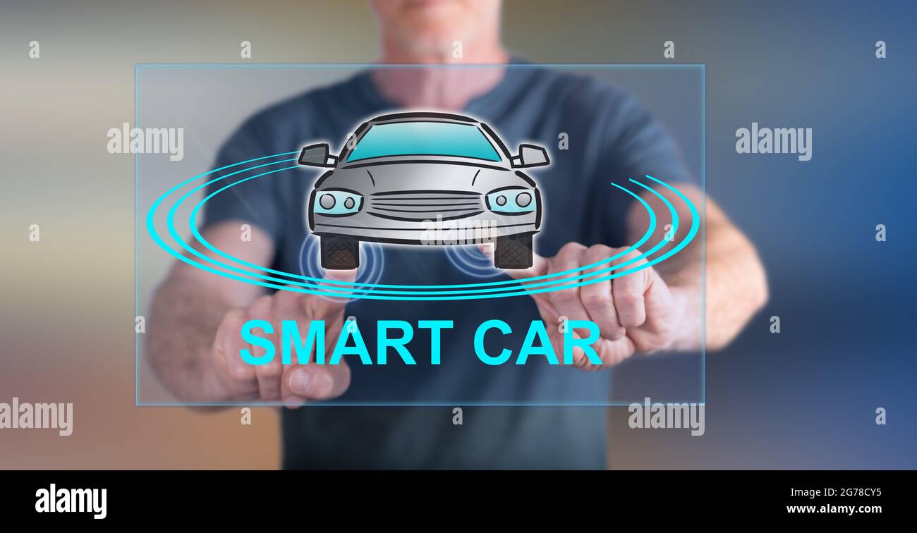 Man touching a smart car concept on a touch screen with his fingers ...