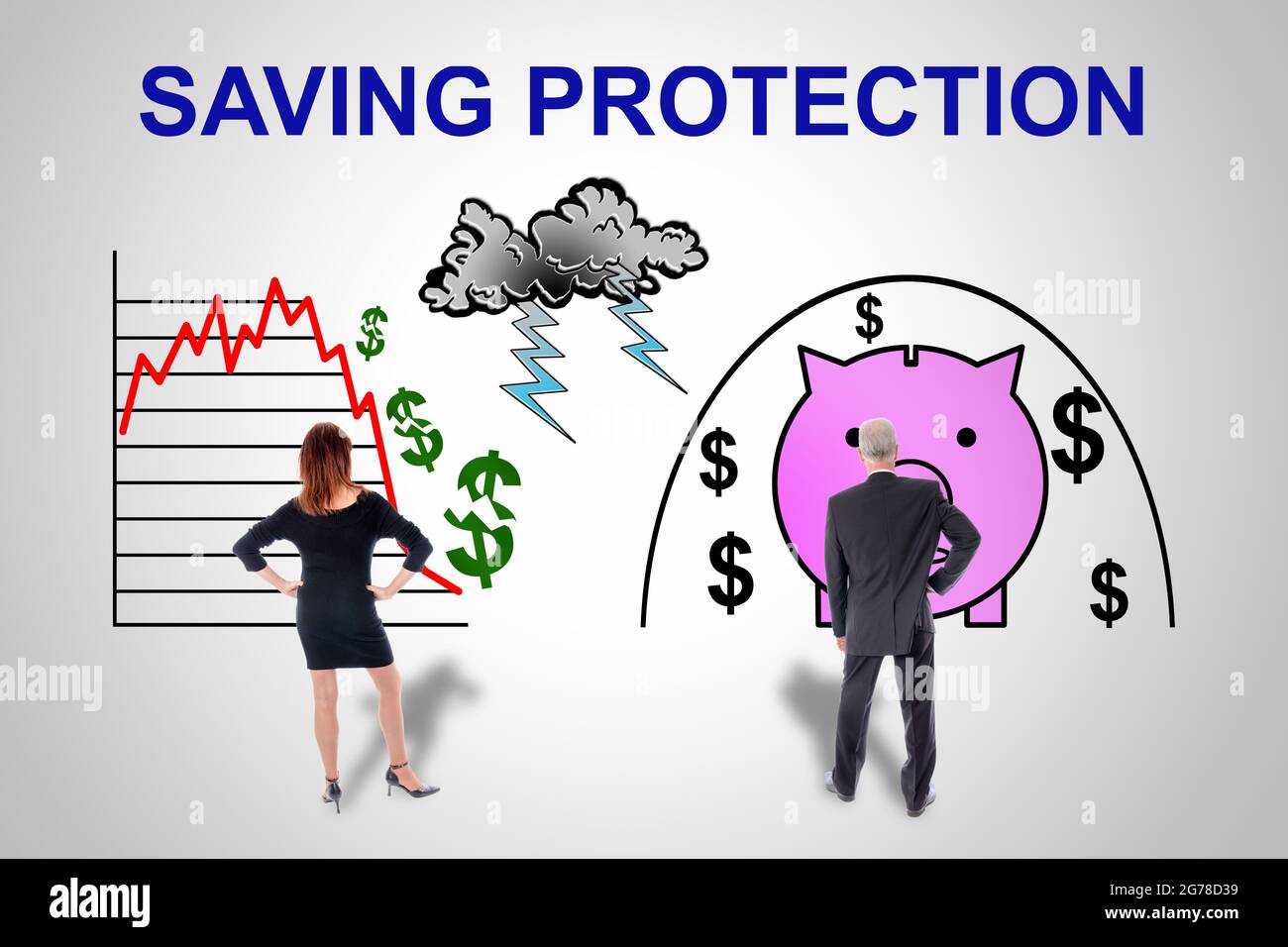 Saving protection concept drawn on a wall watched by business people ...
