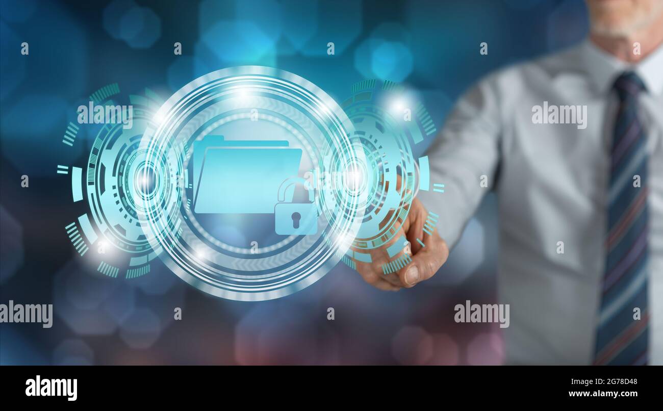 Man touching data security concept on a touch screen with his finger ...