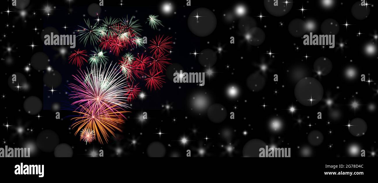 Fireworks on a black background with white stars and bokeh Stock Photo - Alamy