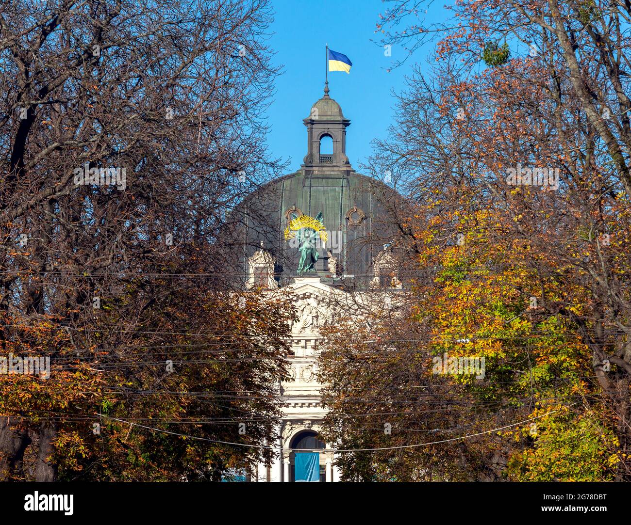 National flag on the dome of the opera. Lviv. Ukraine Stock Photo - Alamy
