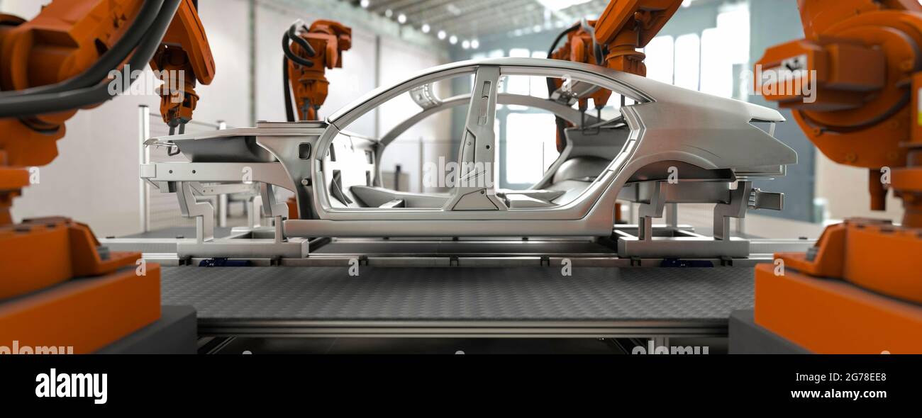 Modern car production line with robotic arms welding components 3d render Stock Photo - Alamy