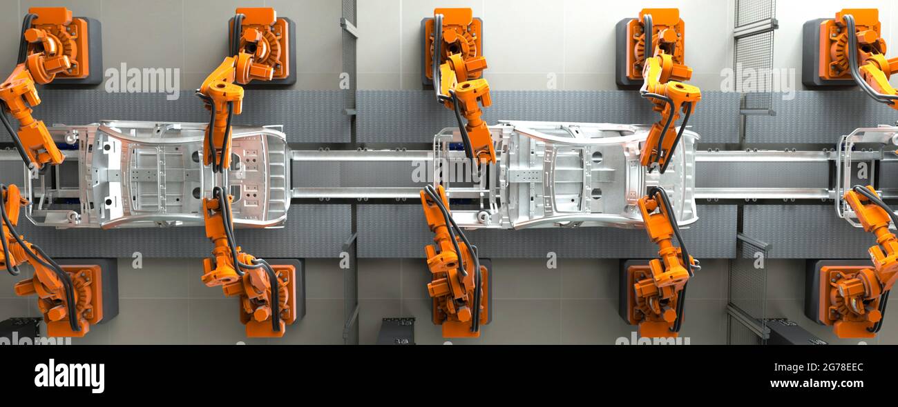 Modern car production line with robotic arms welding components 3d render Stock Photo - Alamy