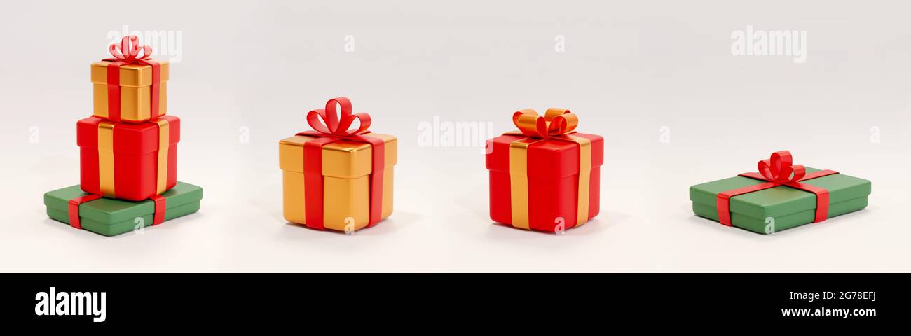 3d illustration of Christmas presents. Wrapped gift boxes with ribbon ...