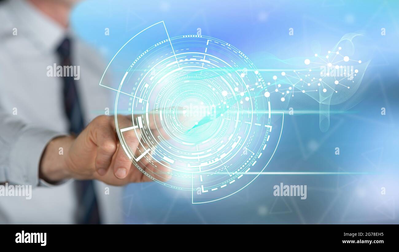 Man touching a technology concept on a touch screen with his finger ...