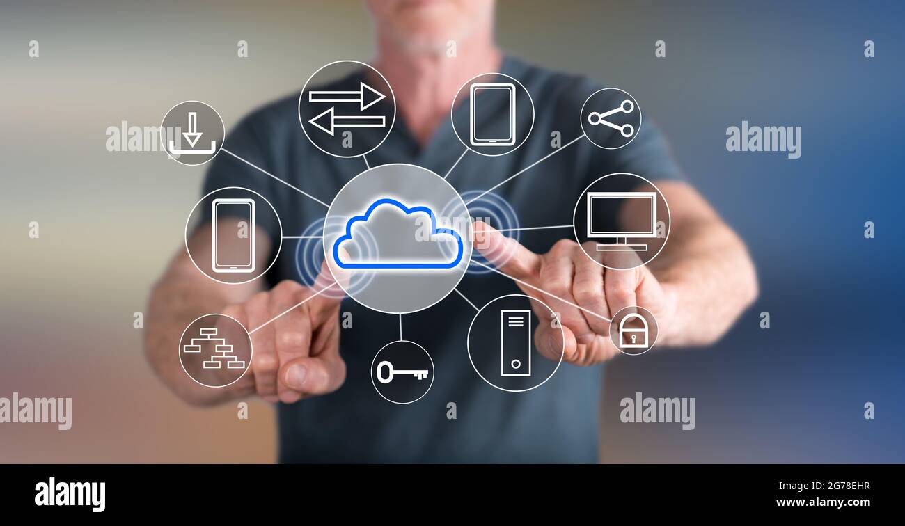Man touching a cloud computing concept on a touch screen with his ...