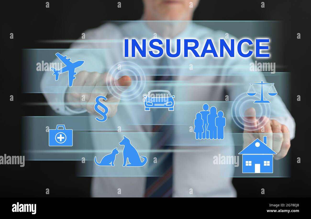 Man touching an insurance concept on a touch screen with his finger ...
