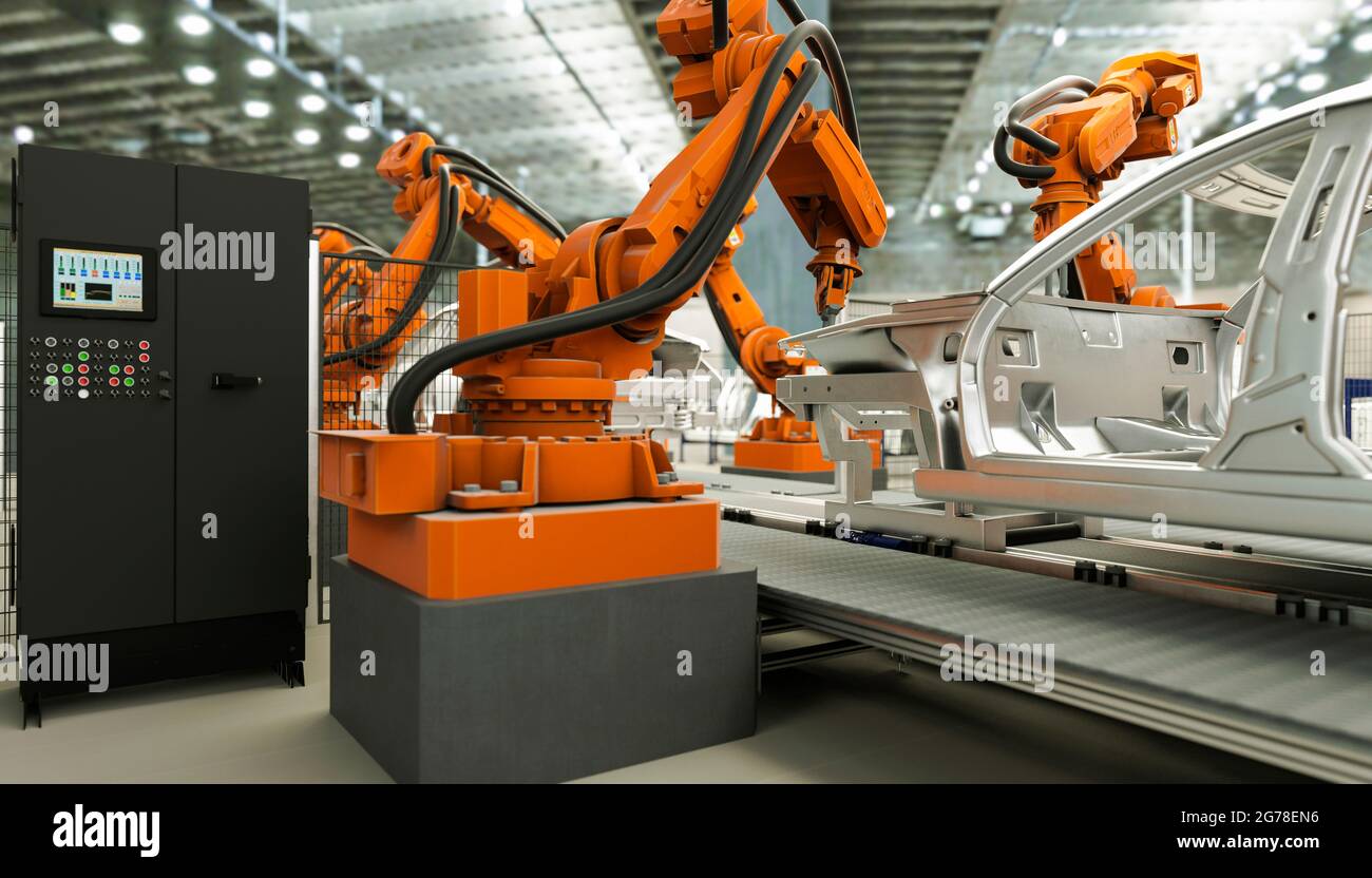 Modern car production line with robotic arms welding components 3d render Stock Photo - Alamy
