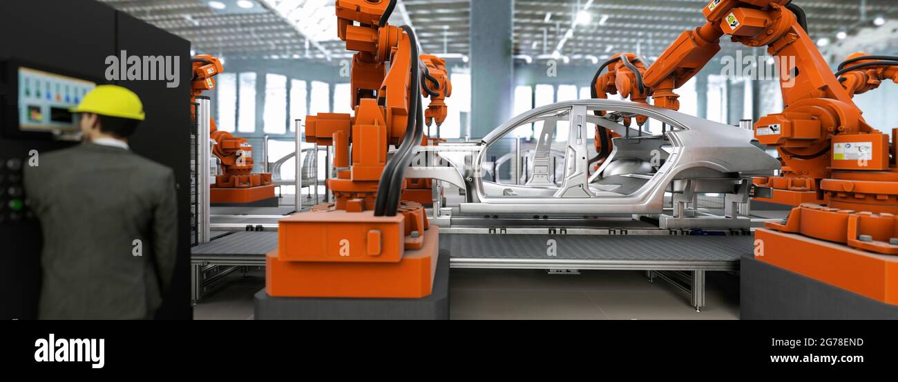 Modern car production line with robotic arms welding components 3d render Stock Photo - Alamy