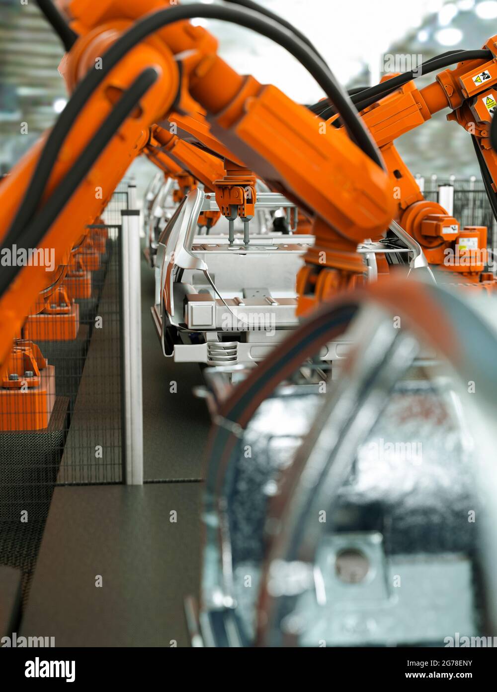 Modern car production line with robotic arms welding components 3d render Stock Photo - Alamy