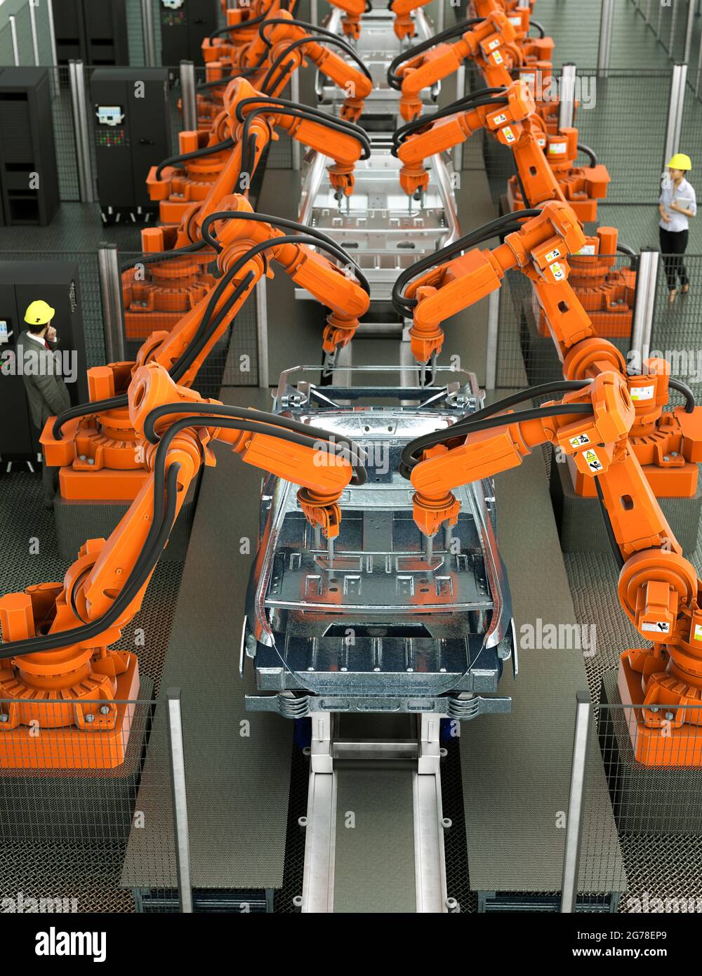 Modern car production line with robotic arms welding components 3d render Stock Photo - Alamy