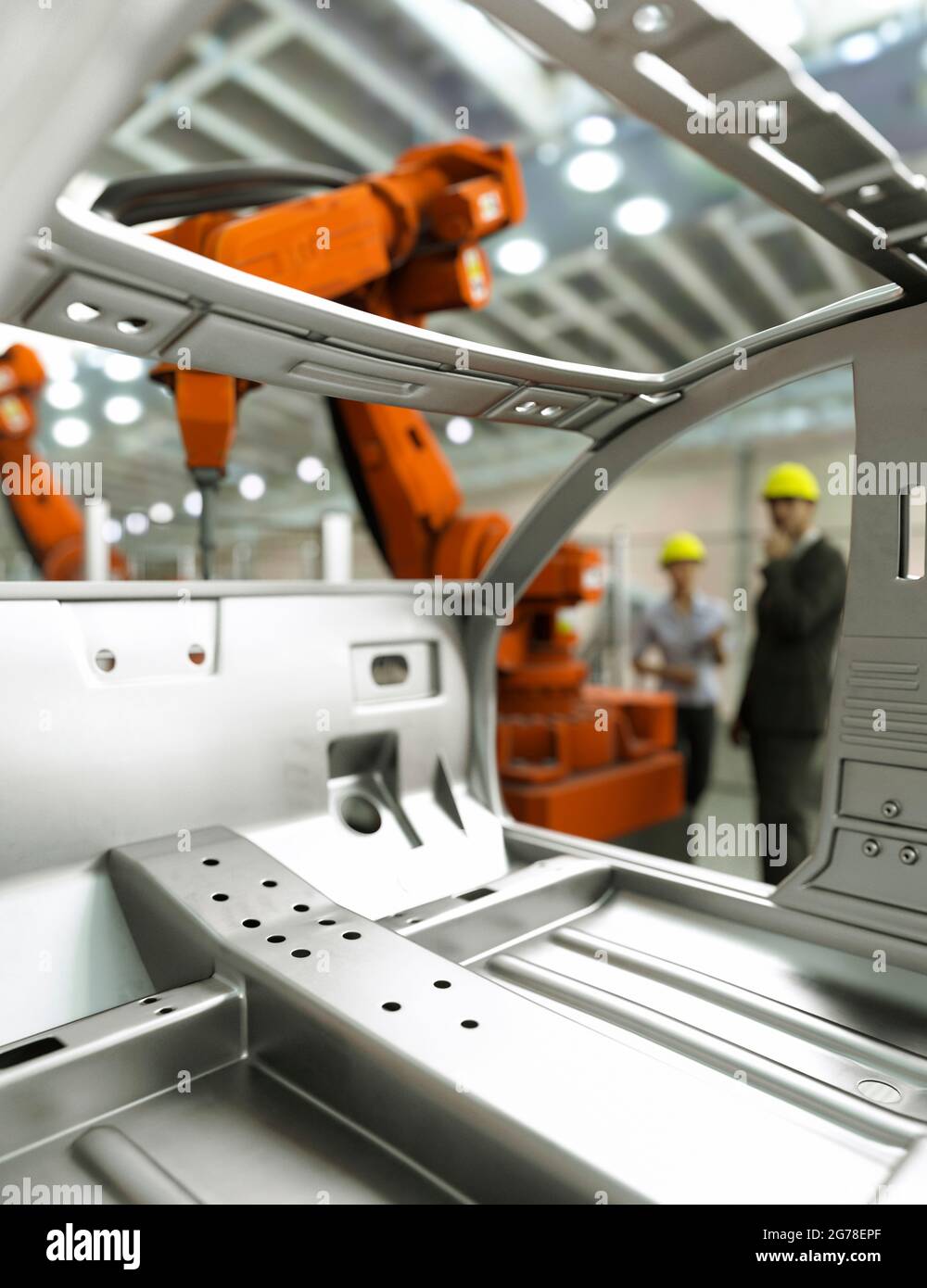 Modern car production line with robotic arms welding components 3d render Stock Photo - Alamy