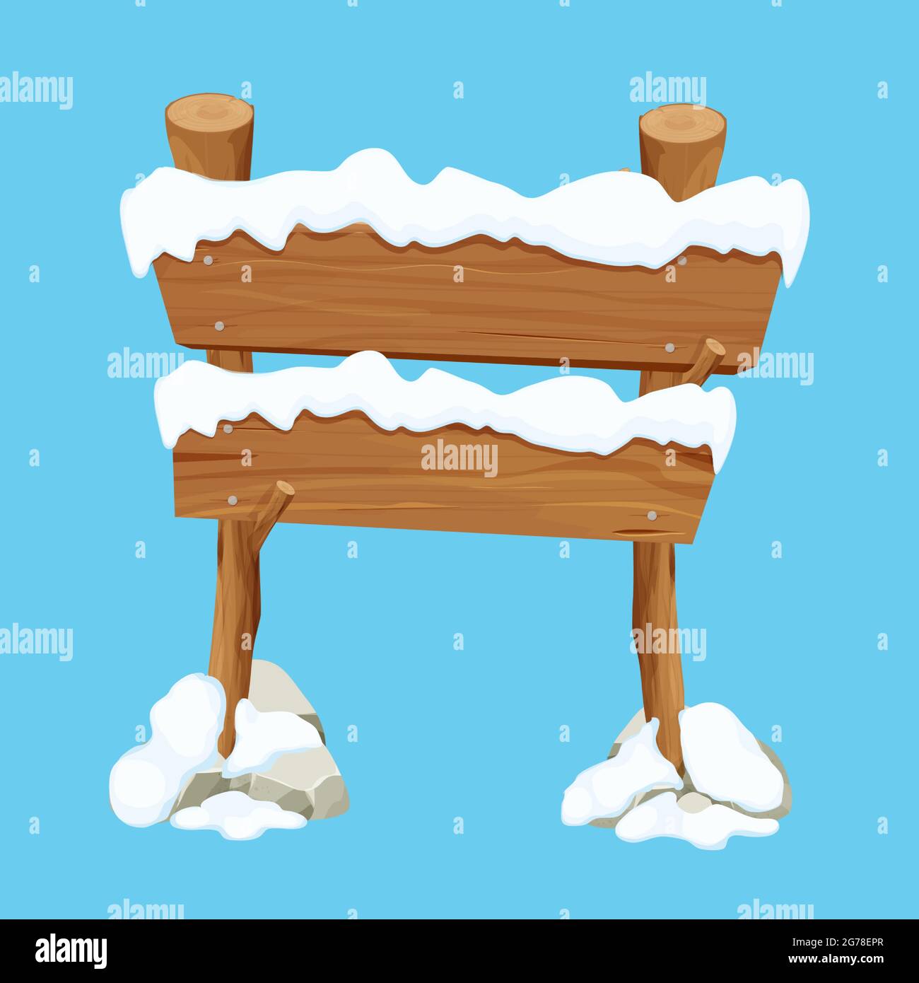 Old Wooden Blank Signboard With Snow In Cartoon Style Empty Frame
