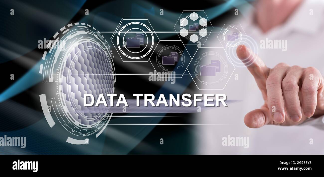 Man touching a data transfer concept on a touch screen with his finger ...