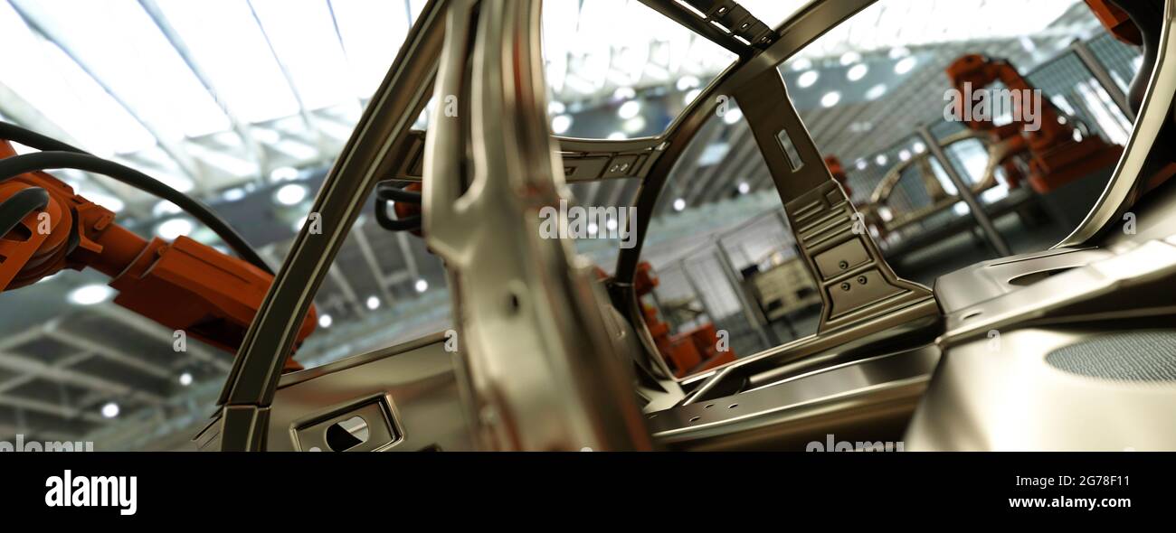 Modern car production line with robotic arms welding components 3d render Stock Photo - Alamy