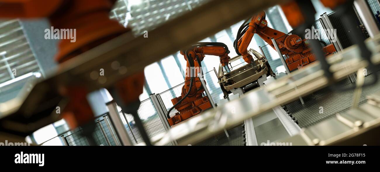 Modern car production line with robotic arms welding components 3d render Stock Photo - Alamy