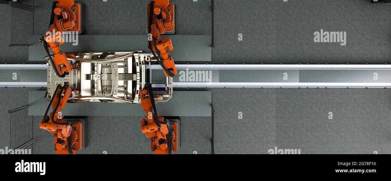 Modern car production line with robotic arms welding components 3d render Stock Photo - Alamy