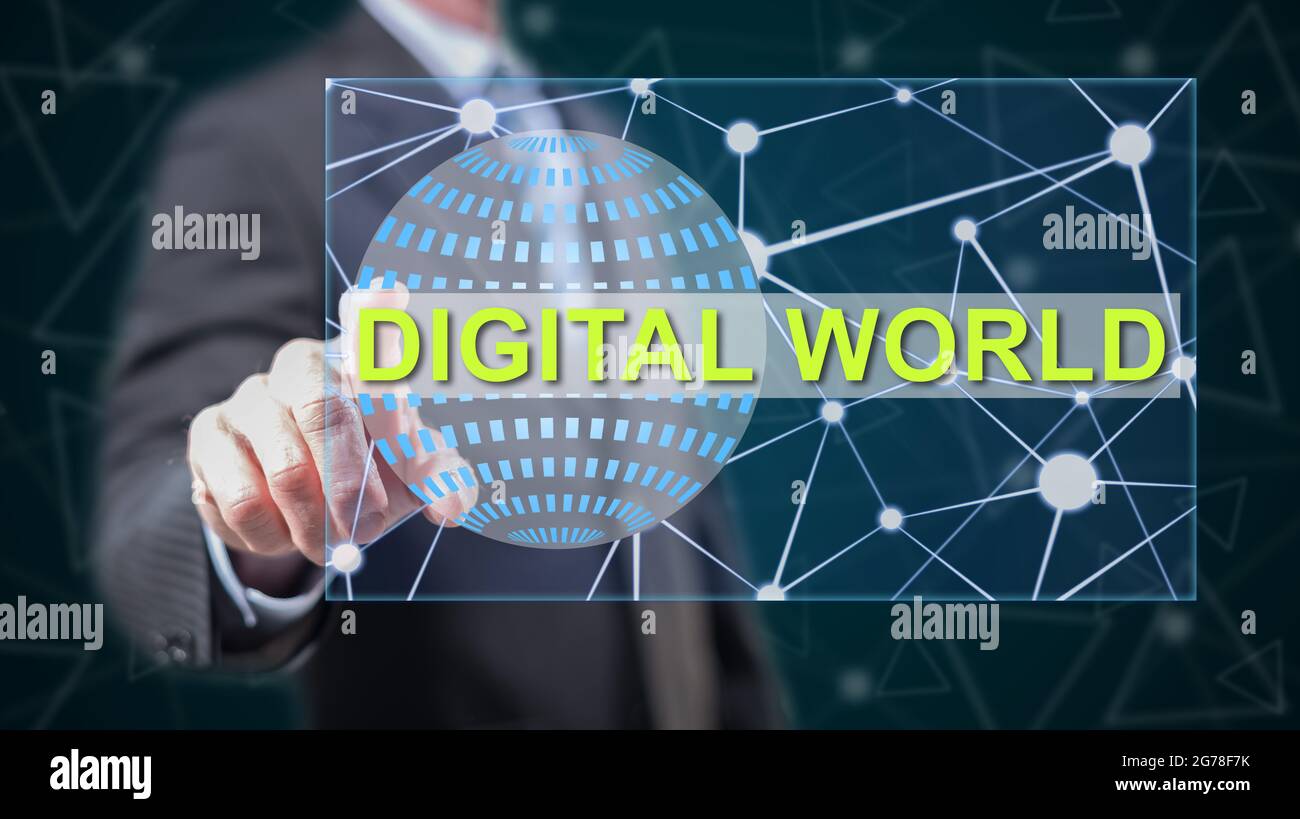 Man touching a digital world concept on a touch screen with his fingers ...