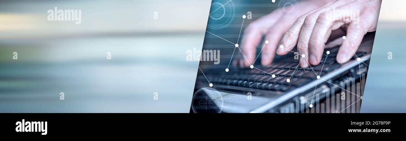 Hands typing on a laptop, overlayed with graphs. panoramic banner Stock ...