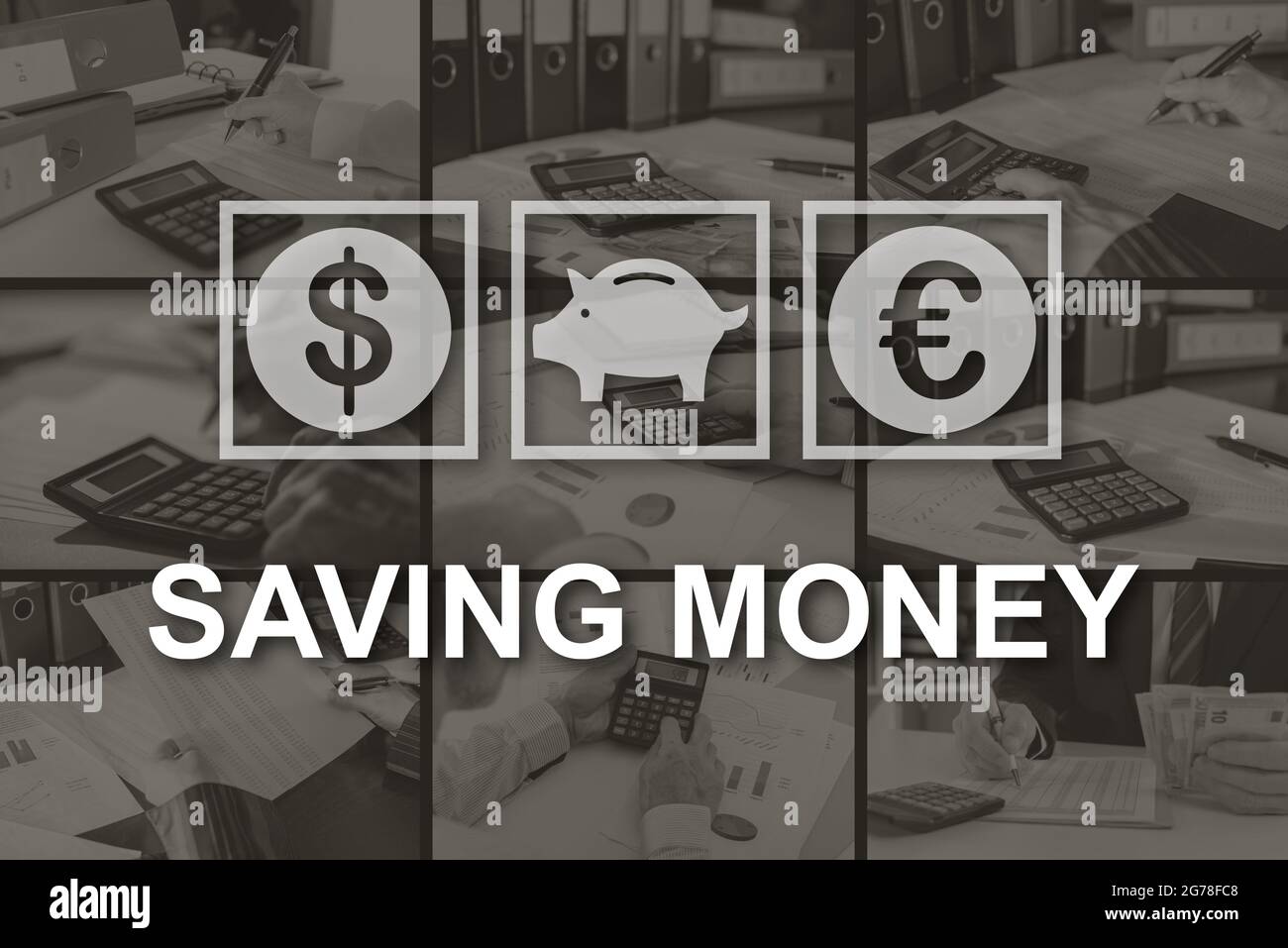 Saving money concept illustrated by pictures on background Stock Photo ...