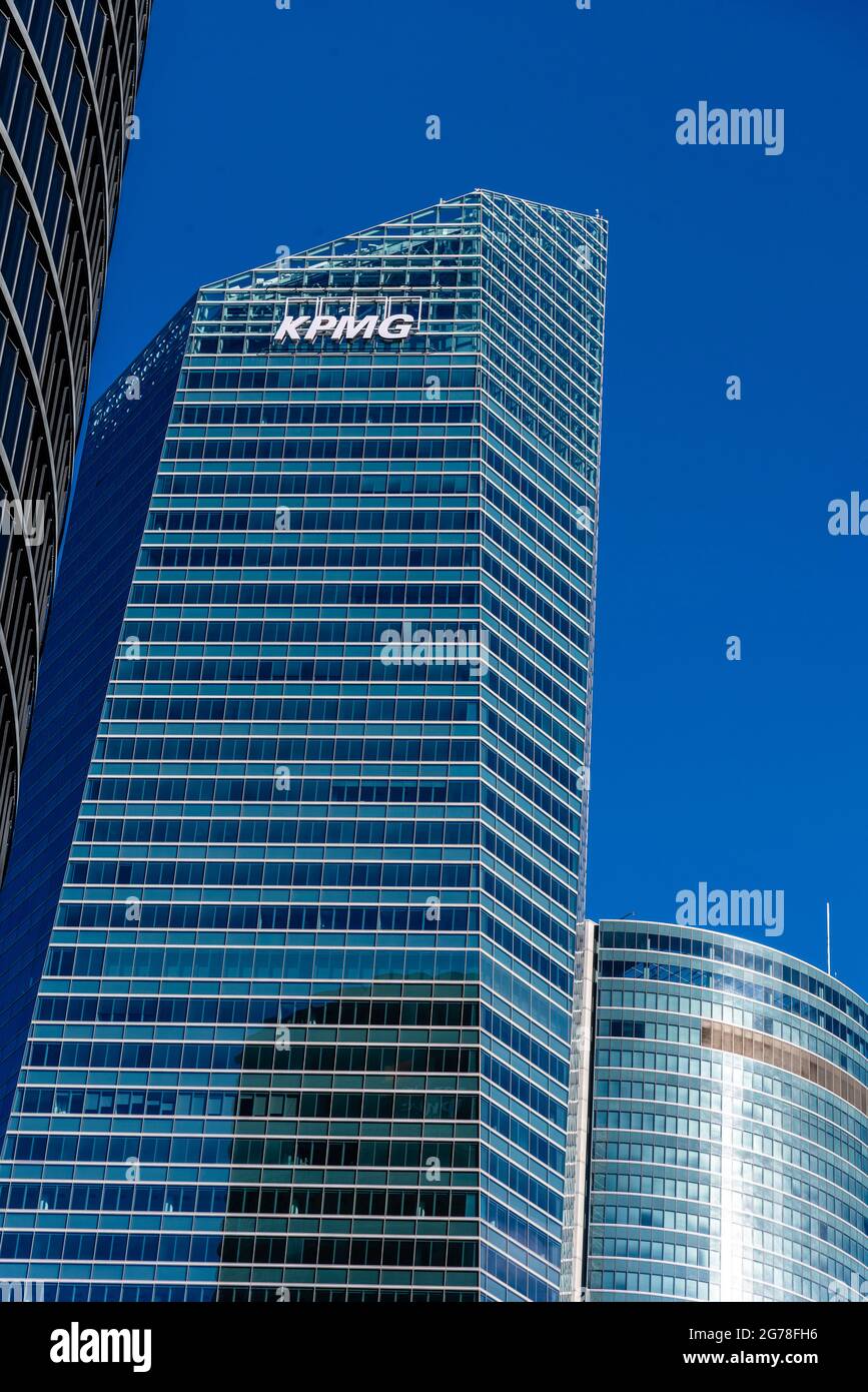 Madrid, Spain - February 7, 2021: Low angle view of skyscrapers in ...