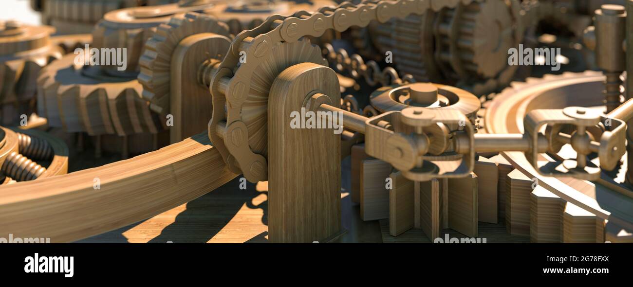 Wooden constructed gears and cogs concept 3d render Stock Photo - Alamy