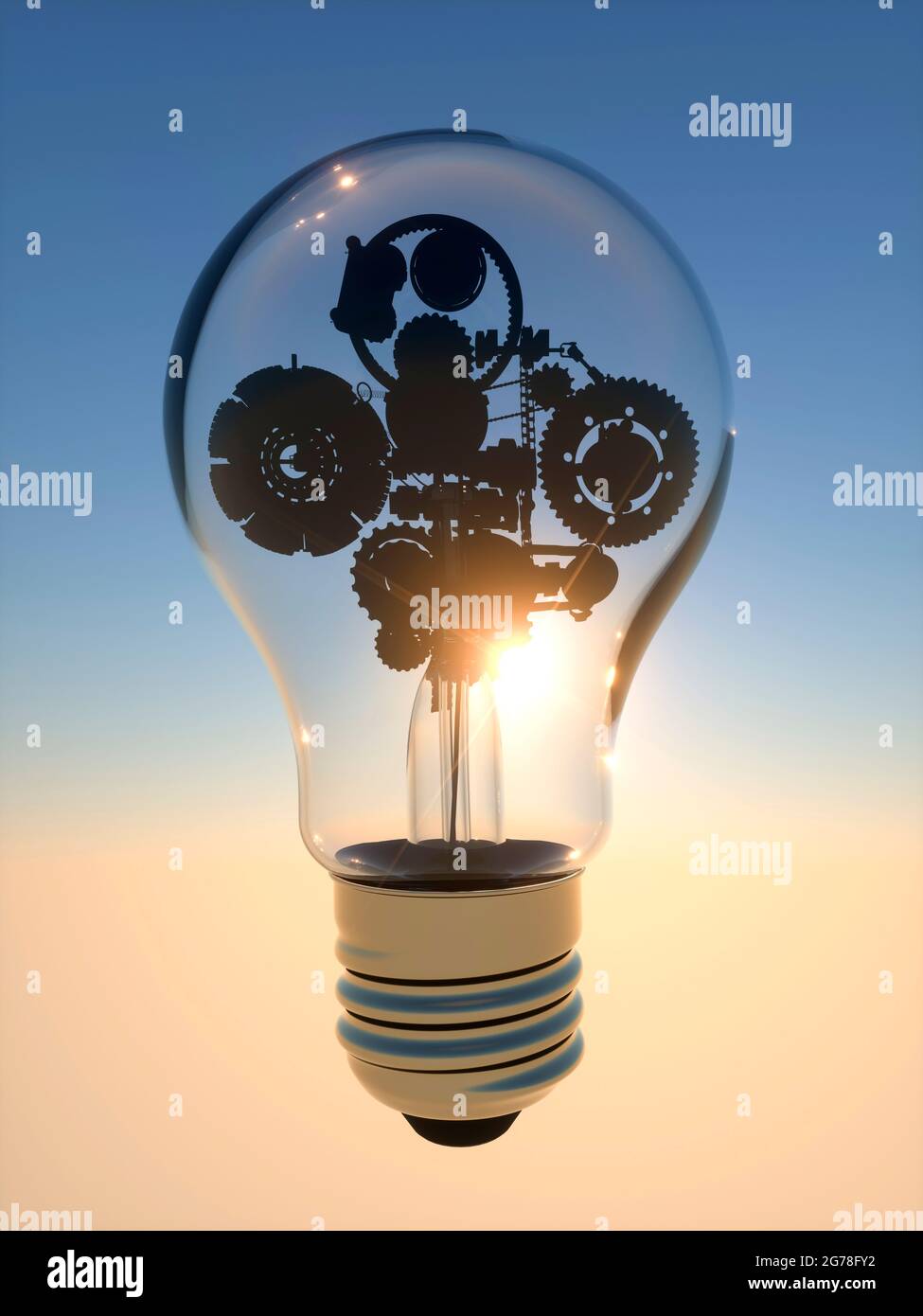 Conceptual gears and cogs inside a lightbulb displaying an idea or ...