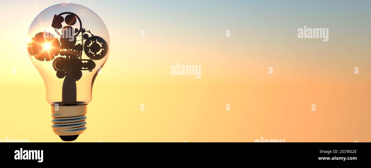Conceptual gears and cogs inside a lightbulb displaying an idea or ...