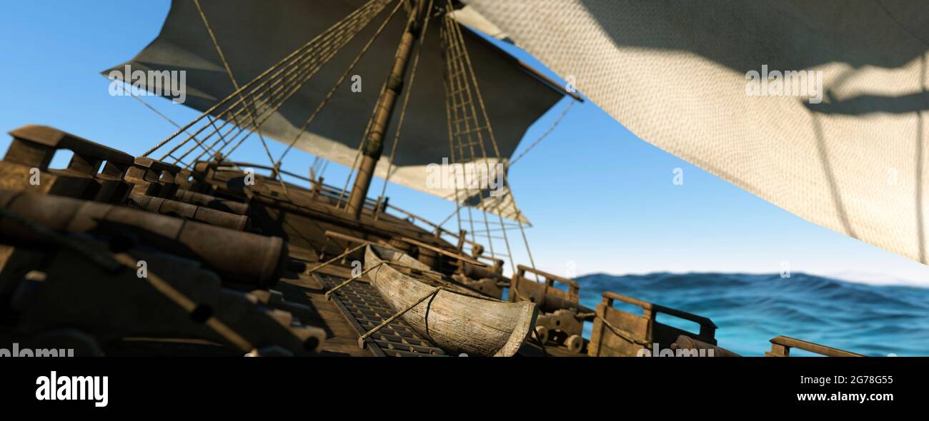 Close up of a pirate ship rigging and sails at sunrise 3d render Stock ...