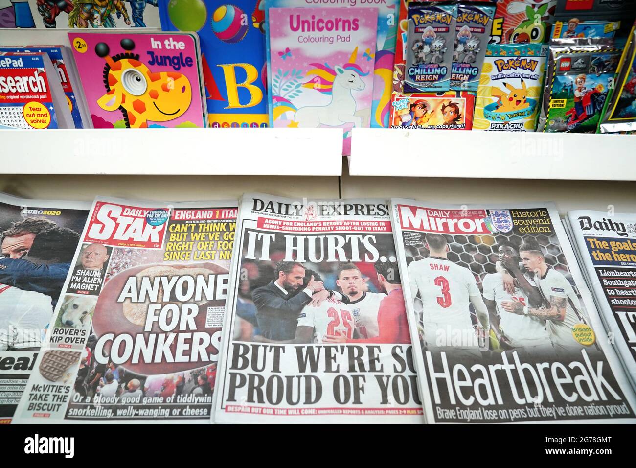 Front pages of the national papers in a newsagent in Victoria, central ...