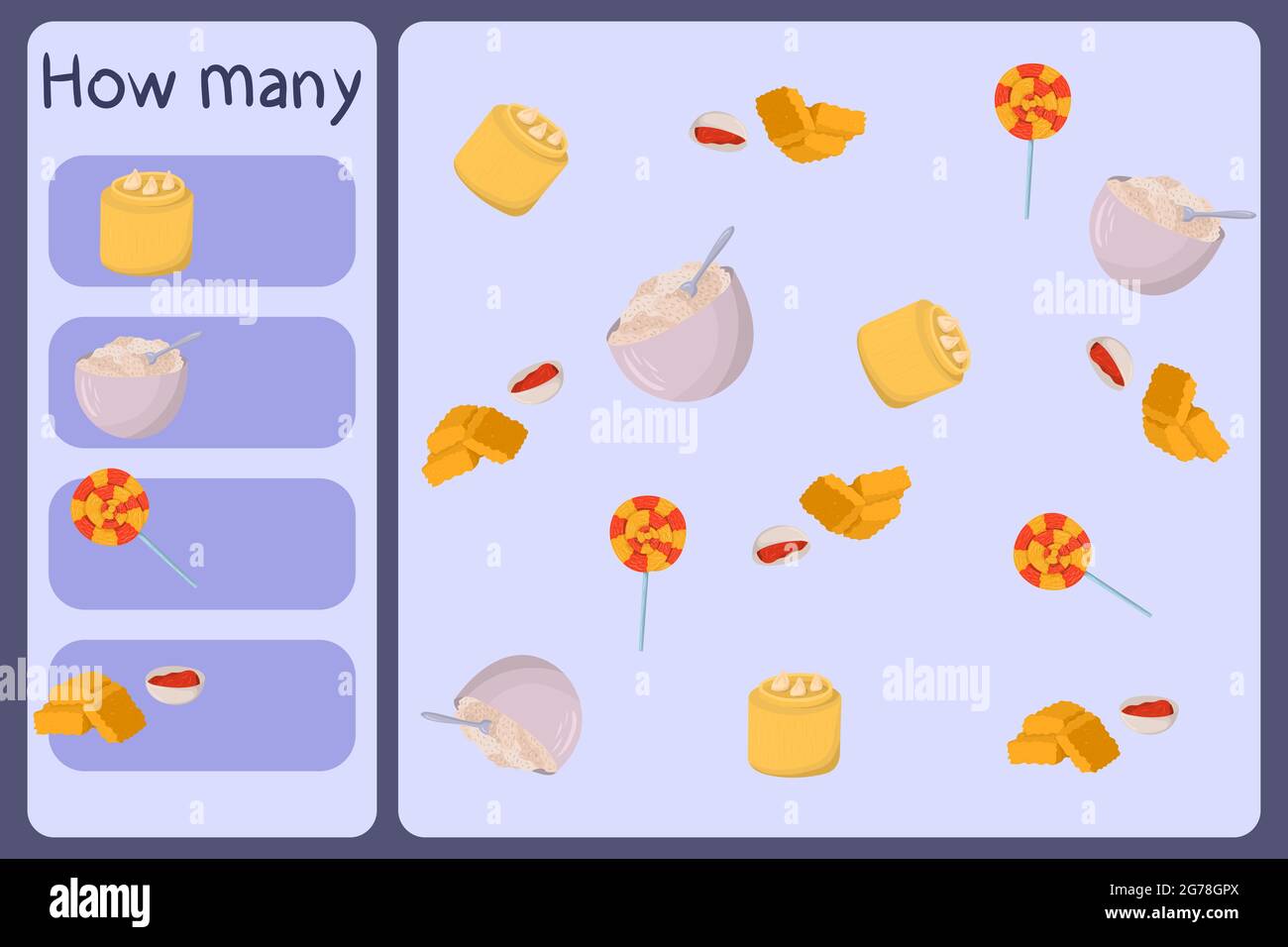 Kids mathematical mini game - count how many foods - dimsum, quark ...