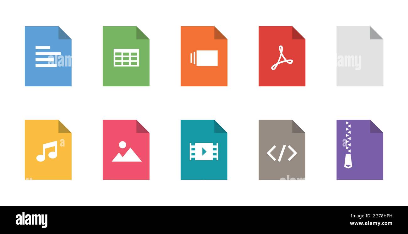 File types flat icon set. Vector file format pictograms pack Stock ...