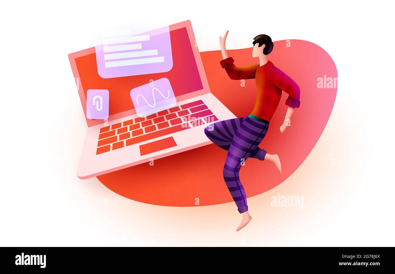 Man flies around big laptop. Computer service, remote work, programming ...