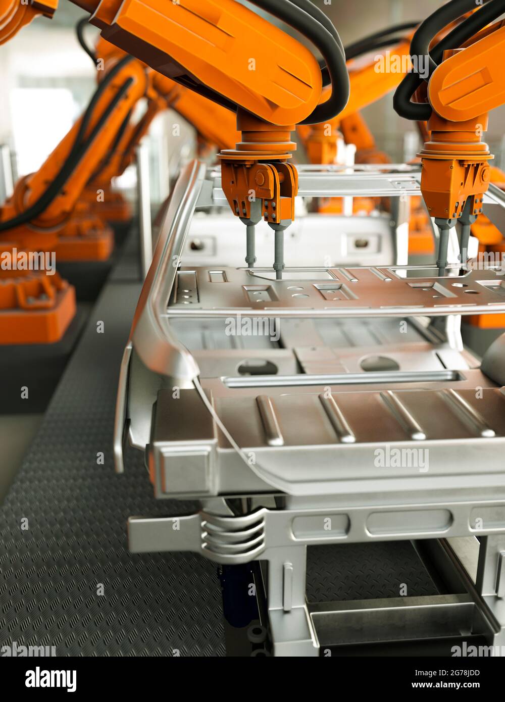 Modern car production line with robotic arms welding components 3d ...