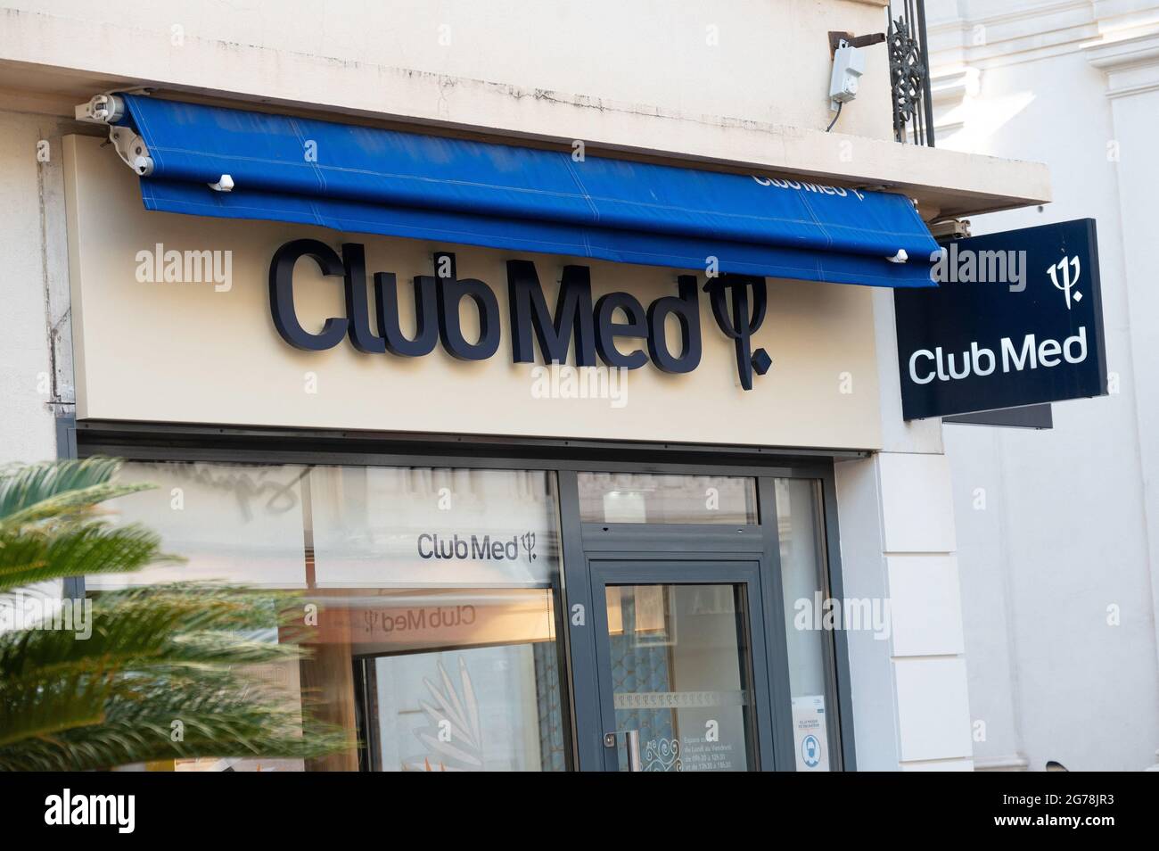 A shop sign of Club Med,on July 12, 2021 in Cannes, France. Photo by ...