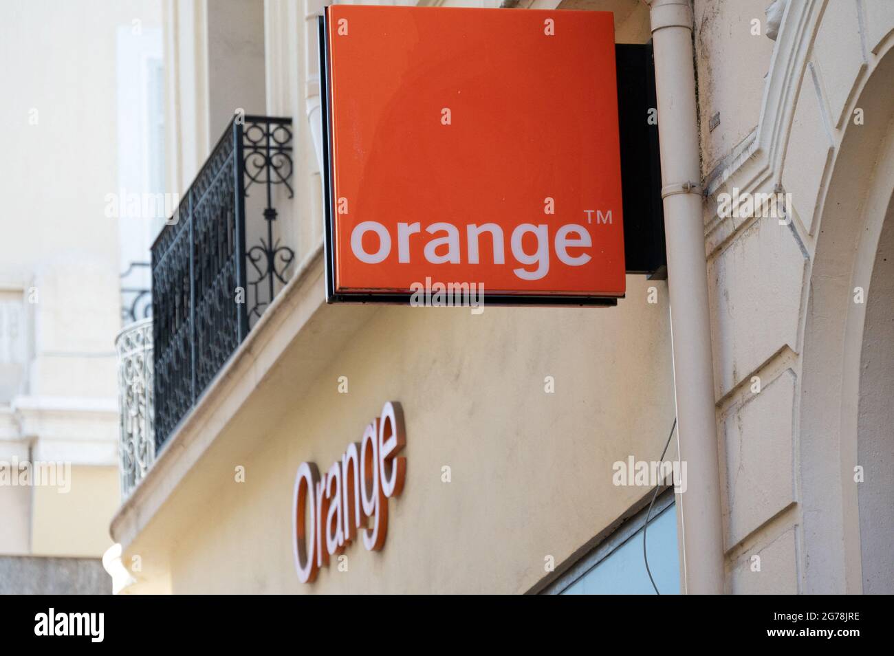 A shop sign of ORANGE,on July 12, 2021 in Cannes, France. Photo by ...