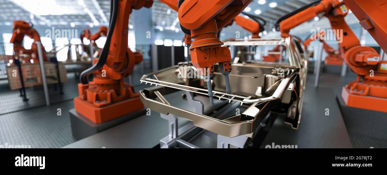 Modern car production line with robotic arms welding components 3d render Stock Photo - Alamy