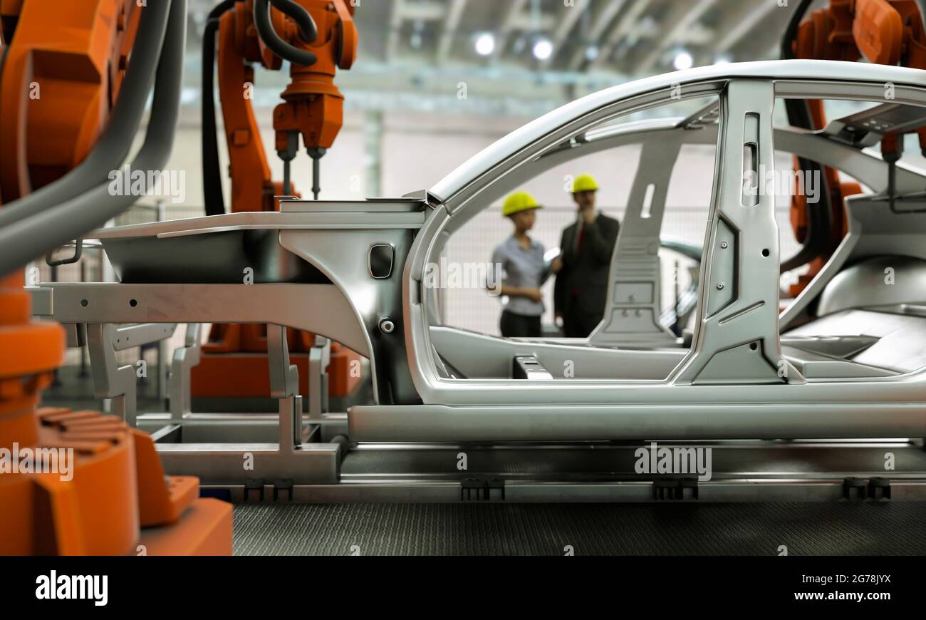Modern car production line with robotic arms welding components 3d render Stock Photo - Alamy