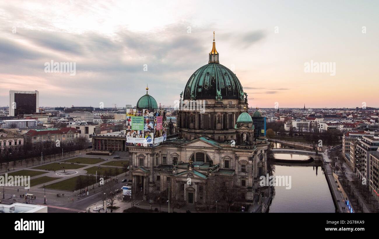 Famous Berlin Cathedral in the city center - aerial view - urban ...