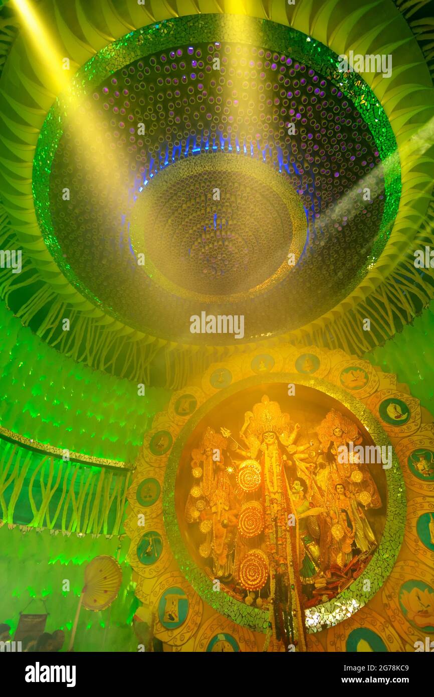 KOLKATA , INDIA - OCTOBER 2, 2014 : Durga idol inside Puja Pandal ...