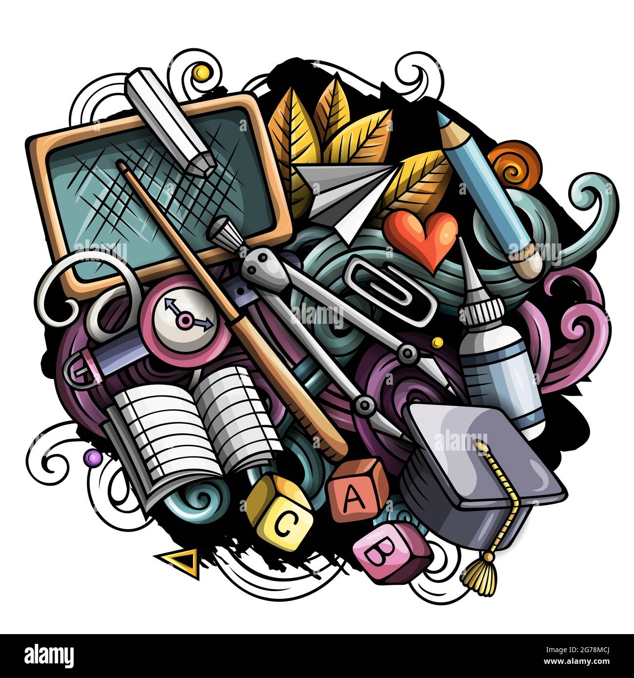 Cartoon cute doodles Back to School Colorful illustration. Background ...