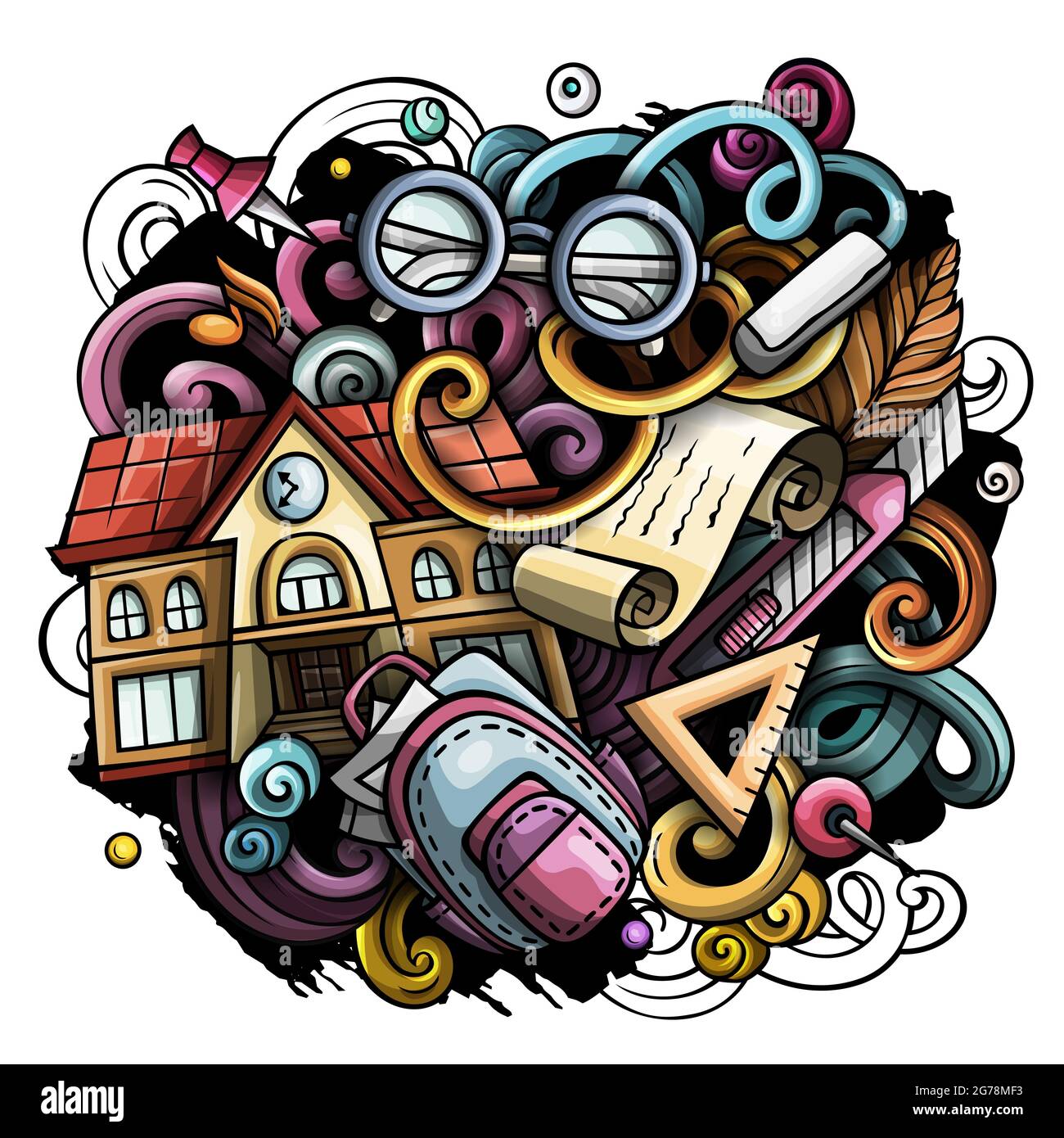 Cartoon cute doodles Back to School Colorful illustration. Background ...