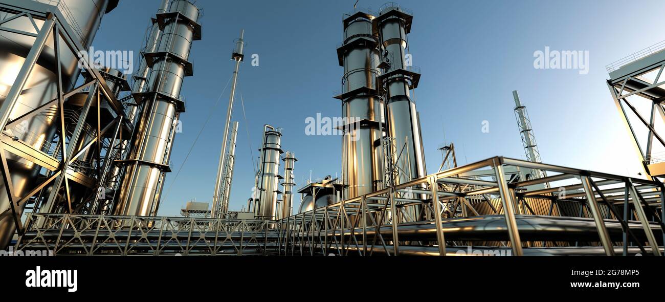 large oil refinery plant at sunrise on a clear day panoramic 3d render Stock Photo - Alamy